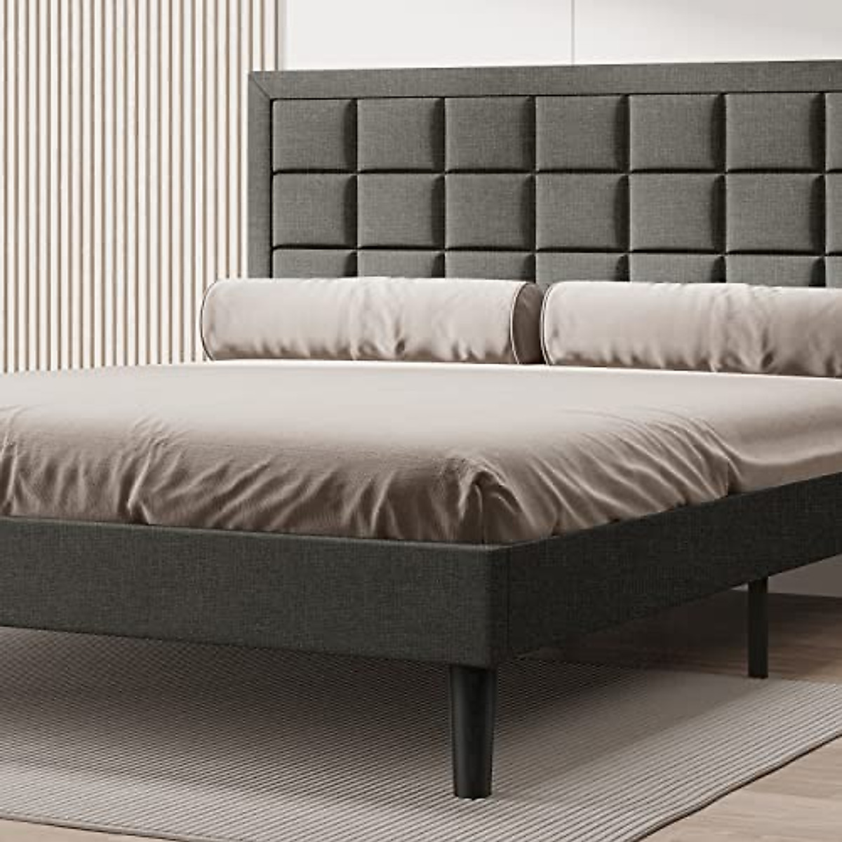 Nazhura Queen Size Bed Frame Upholstered Modern Low Profile Platform with Tufted Headboard/No Box Spring Needed/Linen Fabric Upholstery/Charcoal Grey