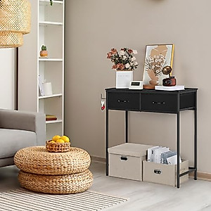 Console Table with 2 Drawers, Black Entryway Table with Storage, 31.5" Behind Couch Table Skinny Small with Hooks and Fabric Drawers, Sofa Table Hallway Table for Entryway, Living Room