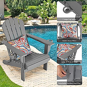 Sundale Outdoor Folding All Weather Heavy Duty Adirondack Chair with 2 Concealable Cup Holder and 1 Stylish Pillow/Cushion, Perfect for Outside Patio Garden Pool Yard Plastic Smoky Grey