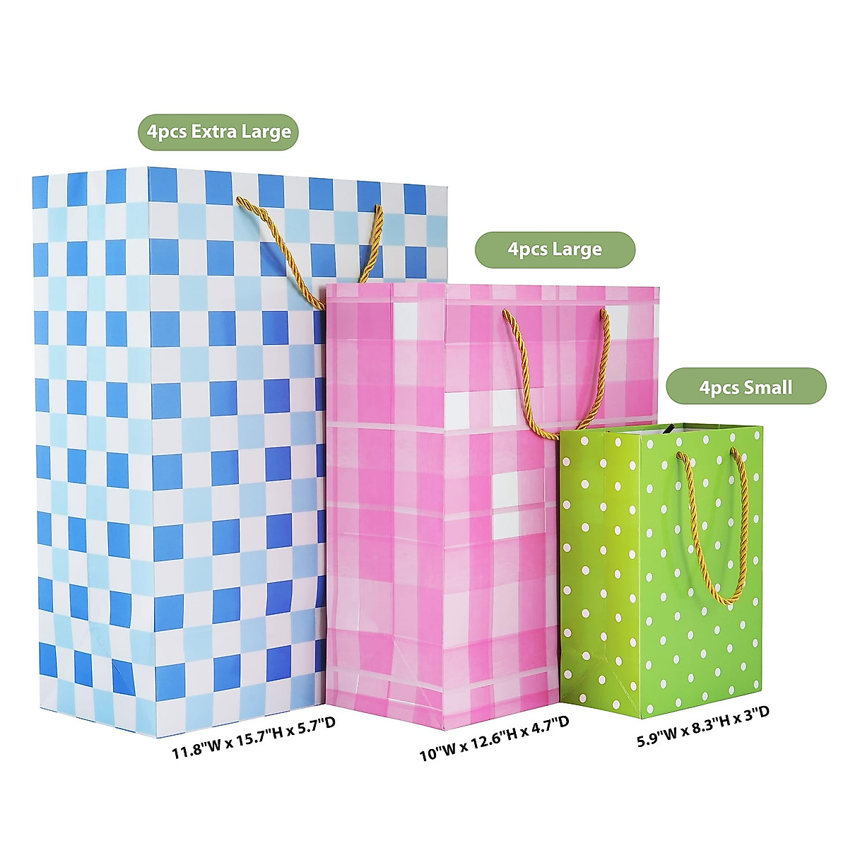 Moretoes 12 Pack Gift Bags Assorted Sizes and Designs, Gift Bag Set with Handle and Tissue Paper for Birthday, Baby Showers, Wedding, Valentine's Day (4 Small 8", 4 Large 13", 4 Extra Large 16")