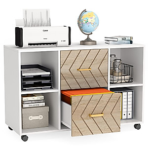 Tribesigns 2 Drawer File Cabinet, Large Mobile Lateral Filing Cabinet for Letter Size, Printer Stand with Storage Shelves and Rolling Wheels for Home Office (White)