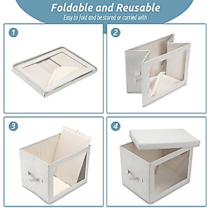 Bellzacasa Large Collapsible Storage Bins with Lids, 3 Pack Foldable Clear Window Storage Boxes with Handles, Linen Fabric Storage Cubes Baskets Organizer Containers, Beige, 15.8x11.8x11.8”