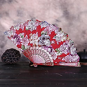 ONILA Folding Hand Fan Flower Fans Rose Bronzing Lace Wedding Folding Retro Silk Fan Dance Decor Chinese Style Party Hand Held Flower Fans Handheld Fans (Color : Pink)