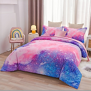 A Nice Night Galaxy Bedding Sets Outer Space Comforter 3D Printed Space Quilt Set Full 6Pcs Glitter Pink,for Children Boy Girl Teen Kids