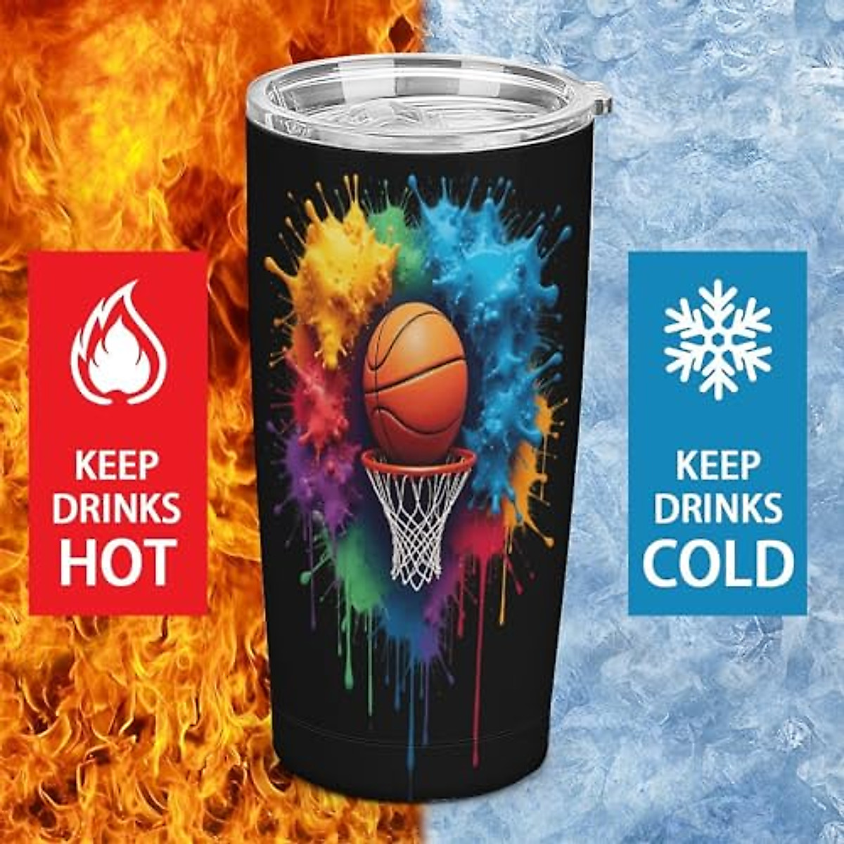Colorful Basketball Splash 20 OZ Stainless Steel Tumbler Travel Car Coffee Mug with Straw Lid Cleaning Brush Coffee Tumbler Mug for Women Men