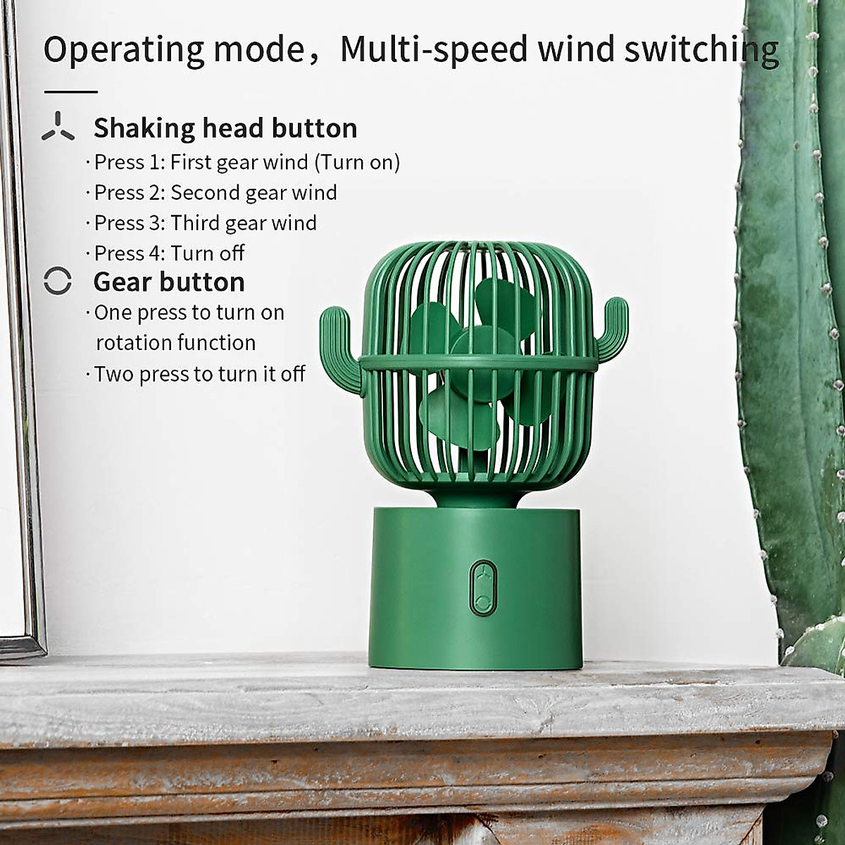 BEISHIDA Personal Fan Small Desktop USB Desk Fan, Cactus Mini Handheld Table 80 Degree Auto Rotation Portable Fans, 3 Speeds Strong Wind, Quiet Operation Fan for Room Home Office Outdoor Travel