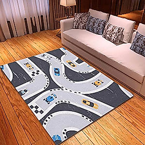 rouihot Non-Slip Area Rug 3'x 5' Blue Race Racing Cars Pattern Yellow Boy Children Baby Rugs Carpet for Classroom Living Room Bedroom Dining Kindergarten Room