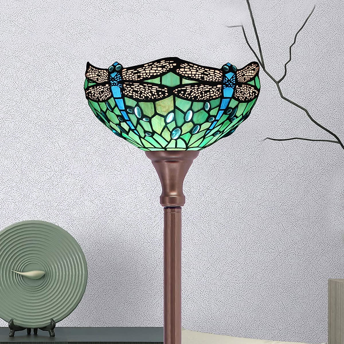 ZJART Tiffany Floor Lamp Torchiere Stained Glass Torch Lamp 12X12X67 Inch Antique Standing Corner Light (Green Dragonfly)