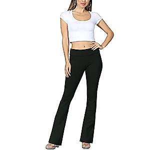 CNC STYLE P001 Women's Comfy Cotton Foled Waist Stretch Bootcut Yoga Leggings High Waisted Bootleg Flare Work Pants, Black, Large
