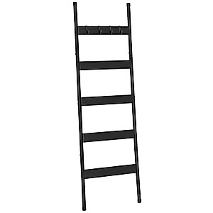 HOOBRO Blanket Ladder, 5-Tier Towel Rack with Hooks, Wall-Leaning Blanket Rack, Decorative Display Ladder Shelf, Scarves, Industrial, Living Room, Bedroom, Black BB52CJ01