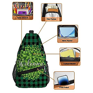Sling Backpack, St. Patrick's Day Lucky Green Clover Leaves Green Plaid Waterproof Lightweight Small Sling Bag, Travel Chest Bag Crossbody Shoulder Bag Hiking Daypack for Women Men