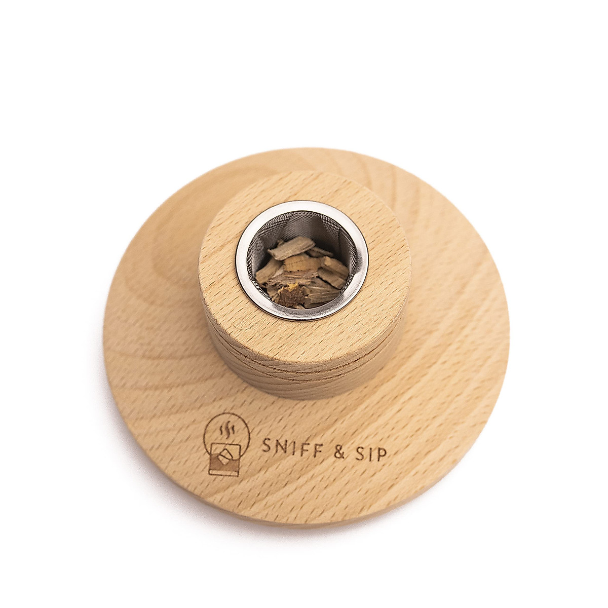 SNIFF & SIP Cocktail Smoker Kit for Drinks, Handcrafted Old Fashioned Drink Infuser - Glass Topper Chimney w/ Apple, Oak and Cherry Wood Shavings to Infuse Cocktails Whiskey Wooden CSK001
