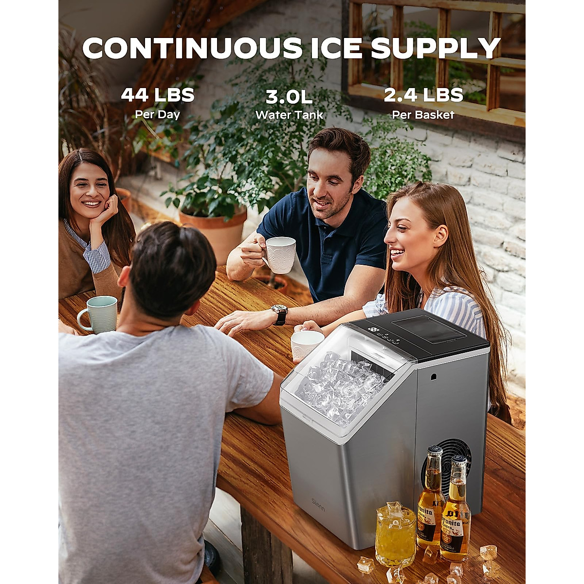 Silonn Ice Makers Countertop, 44lbs Per Day, 2 Ways to Add Water, Auto Self-Cleaning, Stainless Steel Ice Machine for Home Office Bar Party