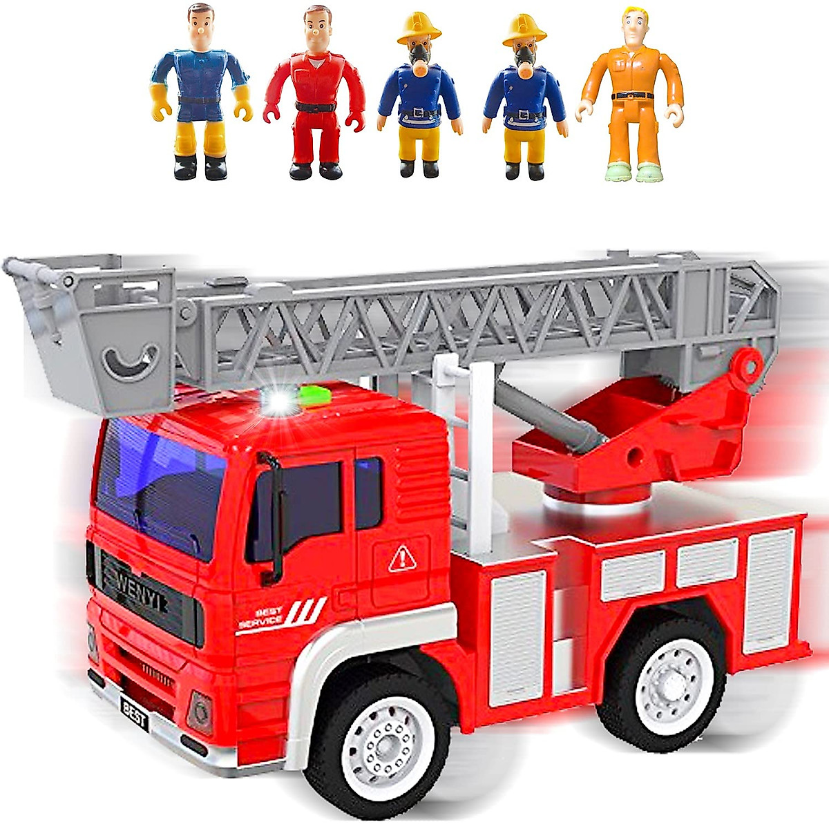 FUNERICA Compact Fire Truck Toy Set with Fireman Play Figures - Lights and Sounds, Friction Wheels - Perfect Firetruck Toys for 3 Year Old Boys and Toddlers