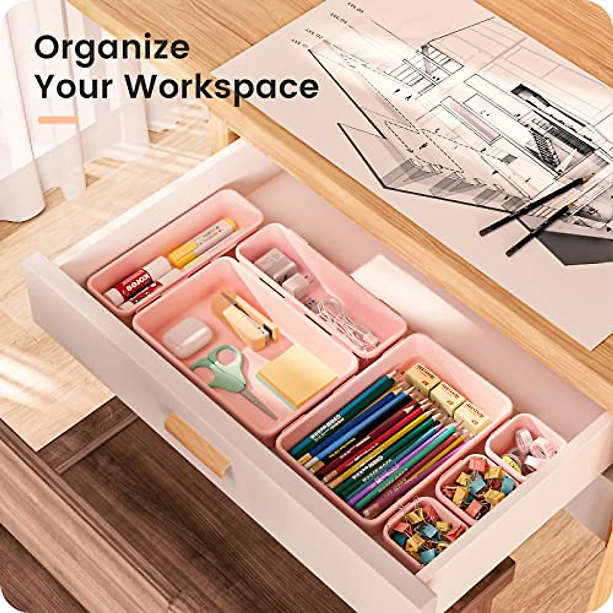 A-LuGei 【28PCS】 Drawer Organizer, Bathroom Organizers and Storage, Makeup organizer, Desk drawer organizer, Storage Bins for Kitchen Office Bedroom Vanity Jewelry Pantry Garage（3Size）