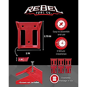 RebelToolCo Battery Holder Wall Mount (6 Pack) Battery Holder Mounts. Compatible with M18 Milwaukee Cordless Batteries. Tool Holder Storage Organizer for Battery, Accessories, & Tool Organization.