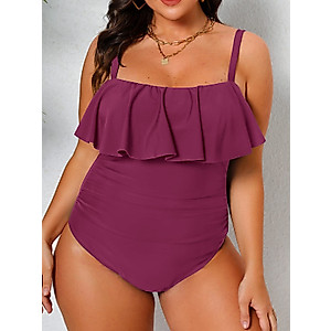 CUPSHE Women Swimsuit Plus Size One Piece Bathing Suit Flowy Ruffle Trim Ruched Front Tummy Control 1X, Purple