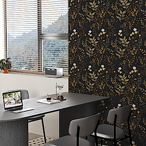 XRUIBZI Black Floral Wallpaper Peel and Stick Wallpaper Leaf Wallpapers Gold Leaf Contact Paper for Cabinets Waterproof Self Adhesive Wall Paper for Kitchen Countertop Wall 17.5" x 393"