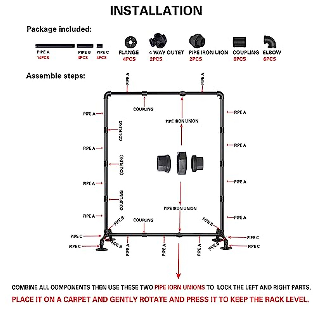 Mdjwjj Industrial Pipe Clothing Rack Free Standing,Vintage Commercial Grade Pipe Garment Racks with 4 Stable Feet for Hanging Clothes Retail Display,Black