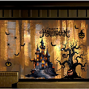 Large Halloween Wall Stickers Halloween Spooky Tree Wall Decal Peel and Stick Halloween Castle Bats Pumpkin Spider Web Wall Sticker for Window Bedroom Living Room Halloween Party Supplies Decorations