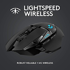 Logitech G502 Lightspeed Wireless Gaming Mouse with Hero 16K Sensor, PowerPlay Compatible, Tunable Weights and Lightsync RGB - Black (Renewed)
