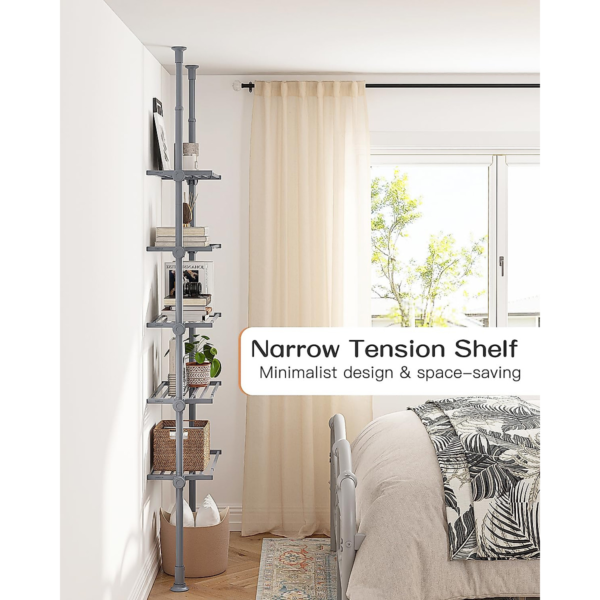 ALLZONE 5-Tier Narrow Bookshelf, Adjustable Width and Height, Tall Ladder Book Shelf with Open Storage,Floor to Ceiling Tension Mount Industrial Bookcase for Living Room,64 to 113Inch Height,Dark Grey