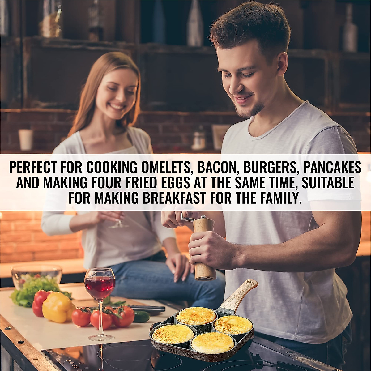 Non-Stick Egg Frying Pan and Silver Dollar Pancake Pan for Breakfast | 4-Cup Egg Cooker with Lid | 4 Hole Mini 7.4-Inch Square Pan with 6.5-Inch Handle for Cooking Burgers and Omelets