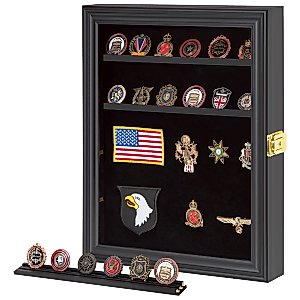 Verani Medals Display Case - Military Challenge Coin Display Shadow Box - Pin Display Cabinet with Removable Shelves and Pinnable Background for Badges Ribbons Insignia Buttons Small Black