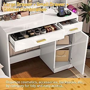 knoworld Makeup Vanity Desk with Mirror & Lights and Outlet, Make up Table with 3 Shelves, 2 Drawers & 1 Cabinet, 3 Lighting Modes & Adjustable Brightness Dressing Table for Bedroom, White