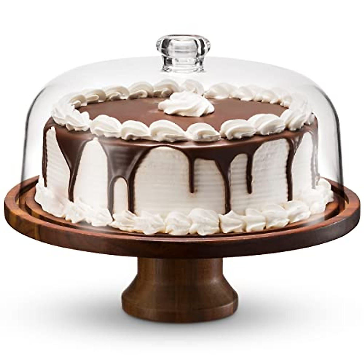 Godinger Footed Cake Plate, Acacia Wood and Shaterproof Acrylic Lid, Cake Stand with Dome