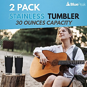 BluePeak Double Wall Vacuum Stainless Steel Insulated Tumblers Set, 2-Pack - Includes 2 Sipping Lids, 2 Spill-Proof Sliding Lids, 2 Straws, 1 Cleaning Brush & Gift Box (30 oz, Black)