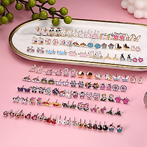 BESTEEL 63 Pairs Cute Stud Earrings for Women Sensitive Ears Studs Set With Stainless Steel Post Candy Flower Heart Animal Earrings in Vivid Colors and Multi-styles