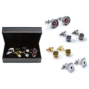 MRCUFF Casino Gambler Card Poker Player Roulette Craps Dice Aces 4 Pairs Cufflinks in Presentation Gift Box & Polishing Cloth