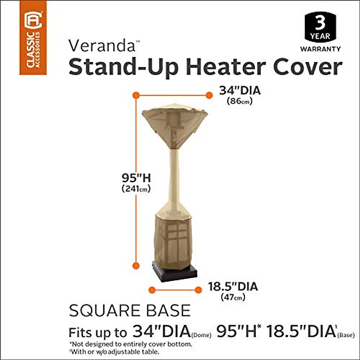 Classic Accessories Veranda Water-Resistant 34 Inch Square Stand-Up Patio Heater Cover, Outdoor Heater Cover