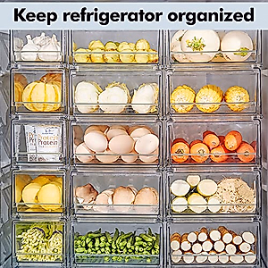 elabo 32 Grid Large Capacity Egg Holder for Refrigerator, Stackable Refrigerator Organizer Drawers with Removable Drain Tray, Fridge Organizer Bins, Pull Out Food Storage Container Bins with Drawer