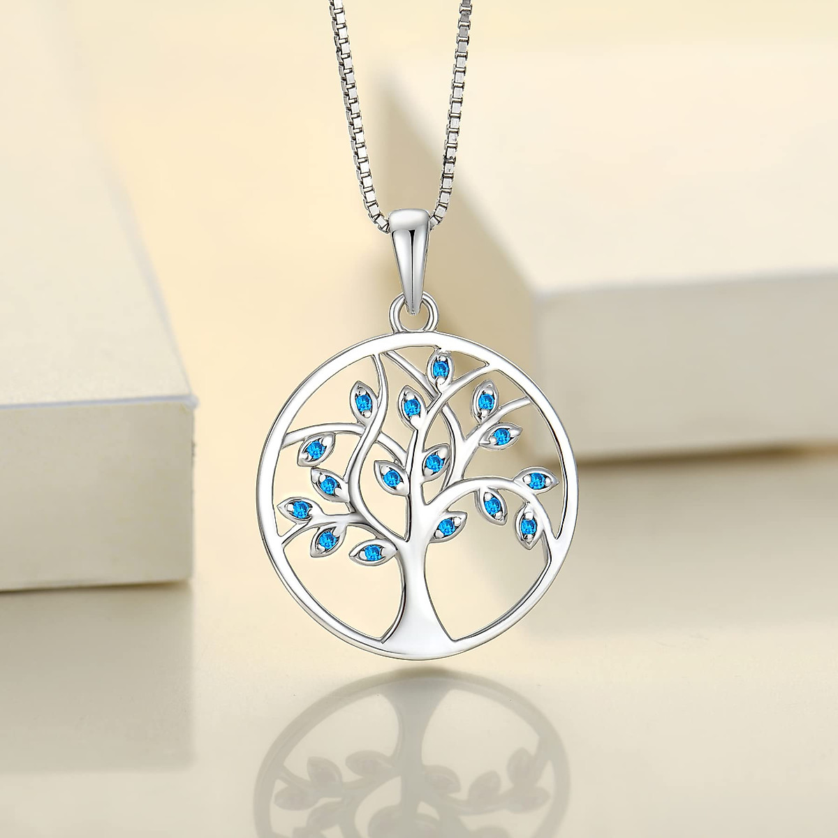 YL Tree of Life Necklace Sterling Silver Created Aquamarine Pendant Round Family Giving Jewelry
