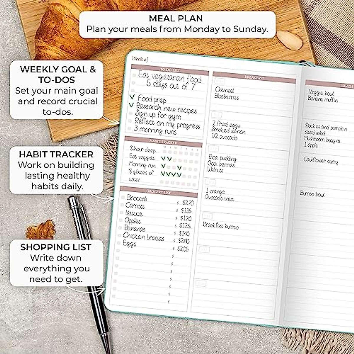 Legend Meal Planner – Weekly Meal Prep & Nutrition Journal with Grocery List & Weight Loss Tracker – Diet & Wellness Diary Log – Undated 12-Month Food Notebook – Hardcover, A5 Size (Aquamarine)