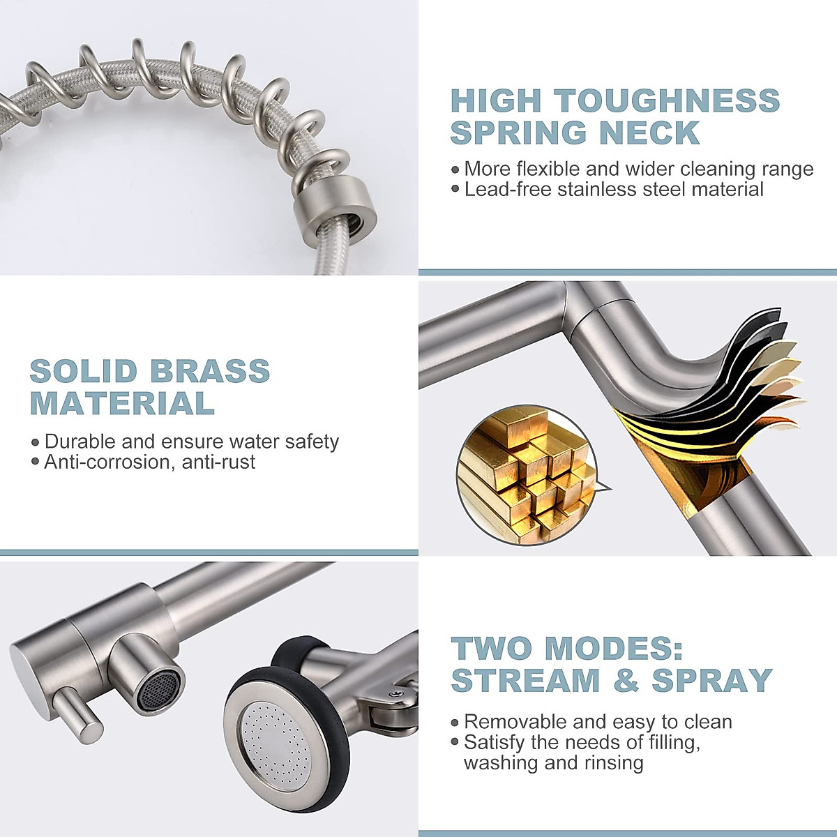 Commercial Kitchen Faucet with Pre-Rinse Sprayer, WOWOW Solid Brass Commercial Restaurant Faucet 1 or 3 Hole Spring Kitchen Faucet with Deck Plate, Brushed Nickel