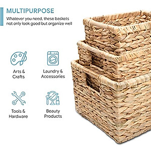 Wicker Baskets for Storage Organizing, Water Hyacinth Storage Baskets Rectangular with Wooden Handles for Shelves, Natural Wicker Storage Basket Bins - Set of Wicker Baskets for Home Organization