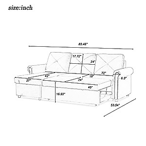 RAOKUKH 83" Convertible Sleeper Sofa Bed, 3-Seater L-Shape Sectional Couch with Storage Chaise for Living Room Apartment,Blue