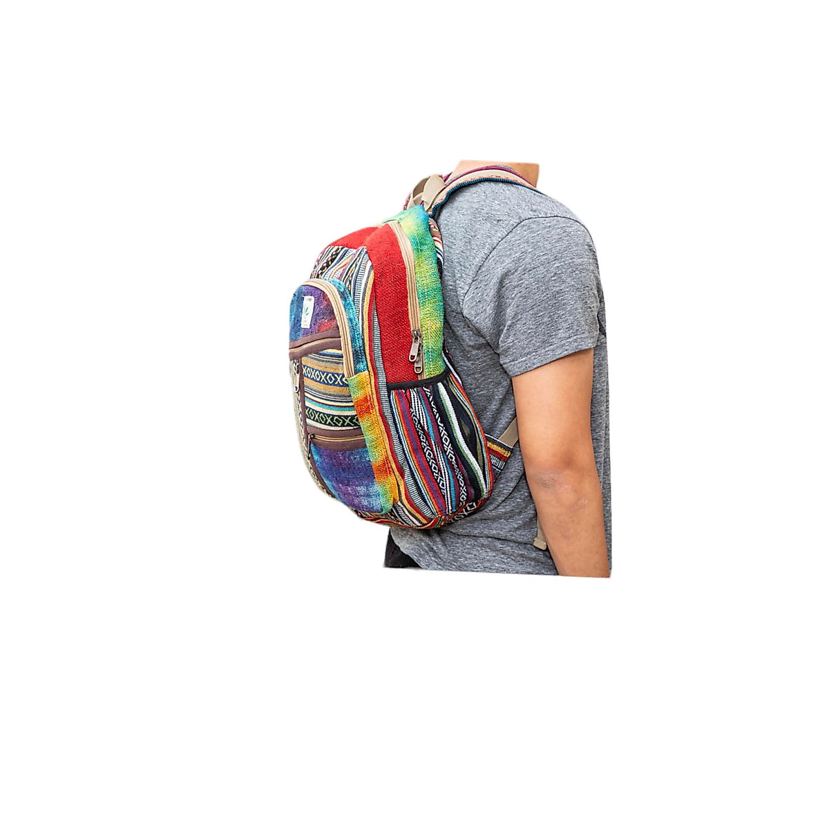 Hemp Backpack | 100% Pure Hemp - All Natural Handmade Multi Pocket Large Laptop Backpack | Travel Backpack - for Women and Men | Laptop Sleeve -Water Bottle Pockets | Boho Hippie - Rainbow