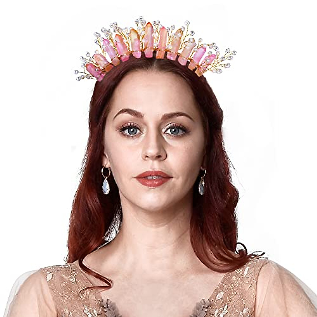 COSUCOS Raw Quartz Crystal Crown - Mermaid Crown Fairy Pink Headwear Goddess Headpiece Handmade Tiara Women Headband for Women Wedding Birthday Party Photography Costume Renaissance Faire