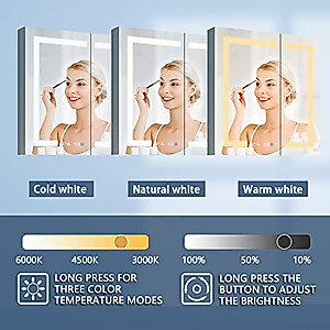 ExBrite LED Lighted Bathroom Medicine Cabinet with Mirror, 30 x 32 Inch, Recessed or Surface led Medicine Cabinet, Clock, Room Temp Display,Defog,Stepless Dimming,3-Color Temper Change, Outlets & USBs