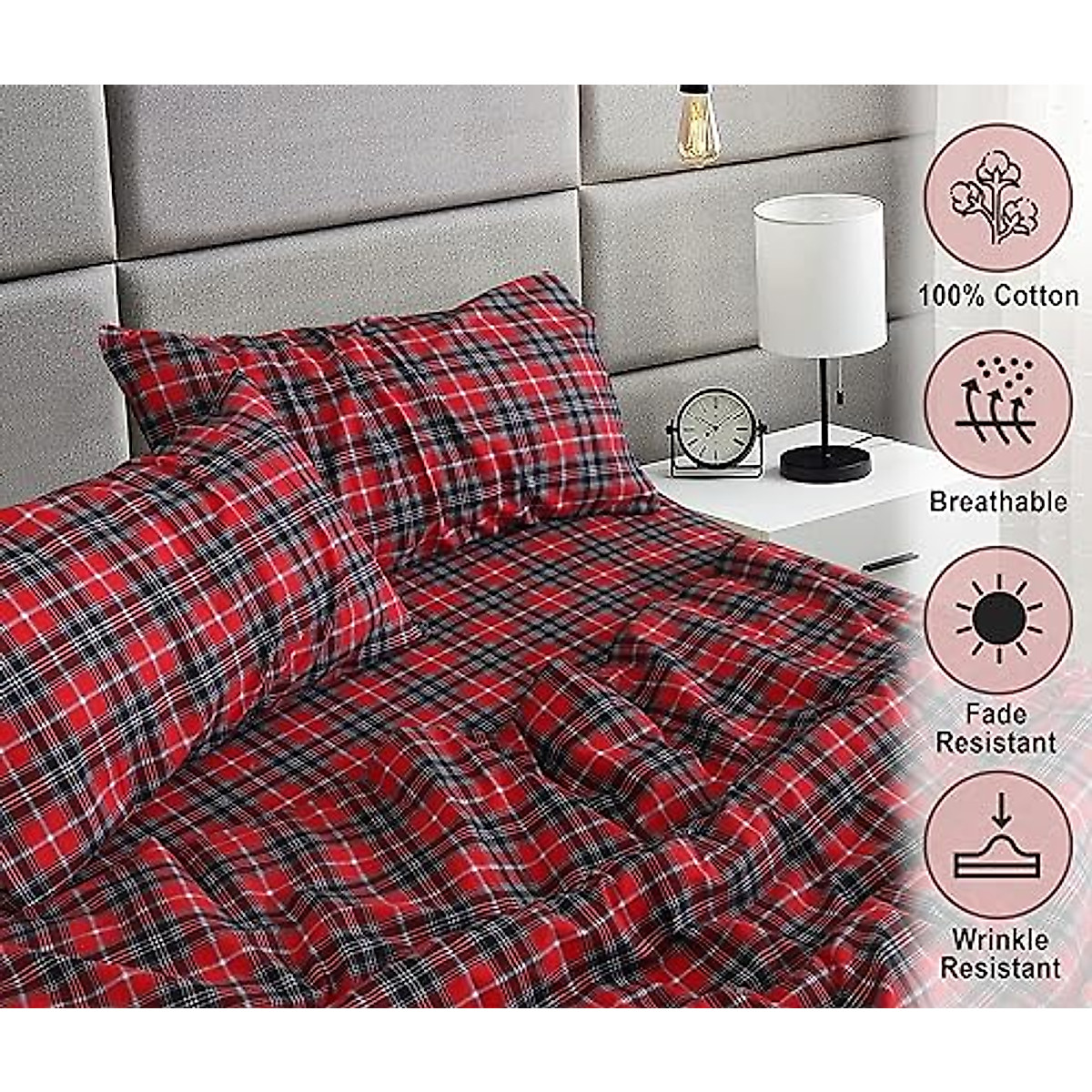 RUVANTI Flannel Sheets Queen Size - 100% Cotton Brushed Flannel Bed Sheet Sets - Deep Pockets 16 Inches (fits up to 18") - All Seasons Breathable & Super Soft - Warm & Cozy - 4 Pcs - Red Plaid