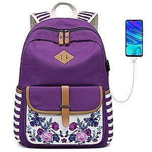 goldwheat Girls Backpack Canvas Schoolbag Bookbag Laptop Bag Rucksack with USB Charging Port