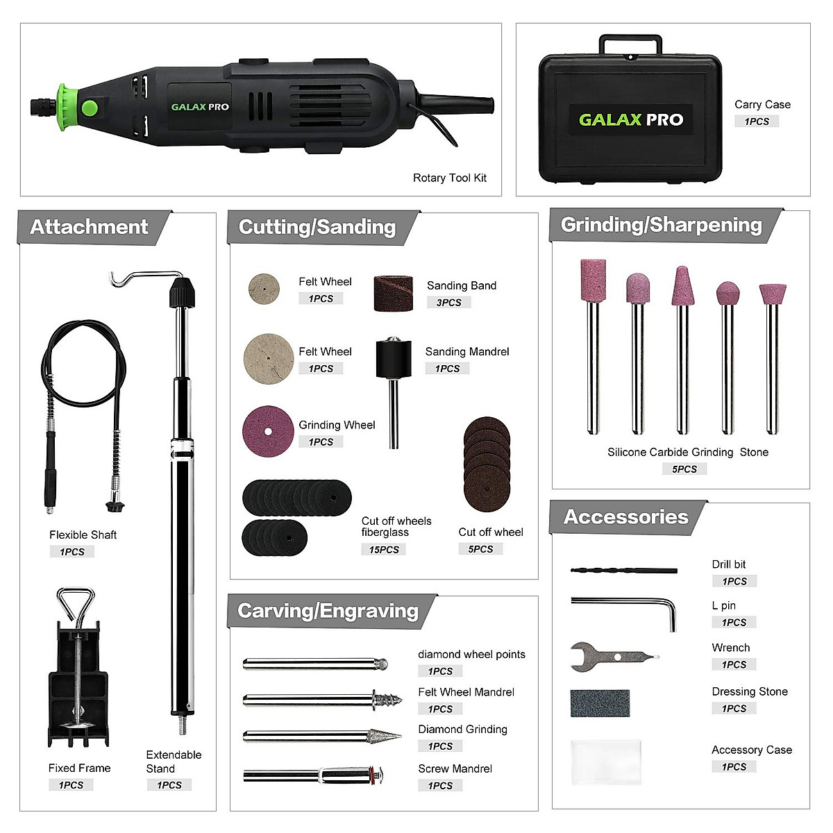 GALAX PRO 135W Rotary Tool Kit, Variable Speed 8000-32500rpm, 40 Accessories with Flex Shaft Ideal for DIY Creations, Craft Projects, Drilling, Cutting, Sanding, Polishing and Engraving
