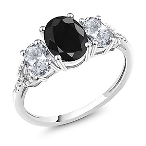 Gem Stone King 10K White Gold Black Sapphire White Topaz and Diamond Accent 3-Stone Engagement Ring | 2.71 Cttw | 3 Stone Wedding Anniversary Promise Ring For Women (Size 8)