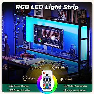 Huuger 55 inch Computer Desk with Adjustable Shelves, Gaming Desk with LED Lights & Power Outlets, Home Office Desk with Monitor Stand, Hooks & CPU Stand, Rustic Brown