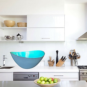 Large Teal and Grey Wave Salad Bowl | Over-Sized Ceramic Serving Bowl for Salad Mix, Chips, Pasta, and Family Dinners