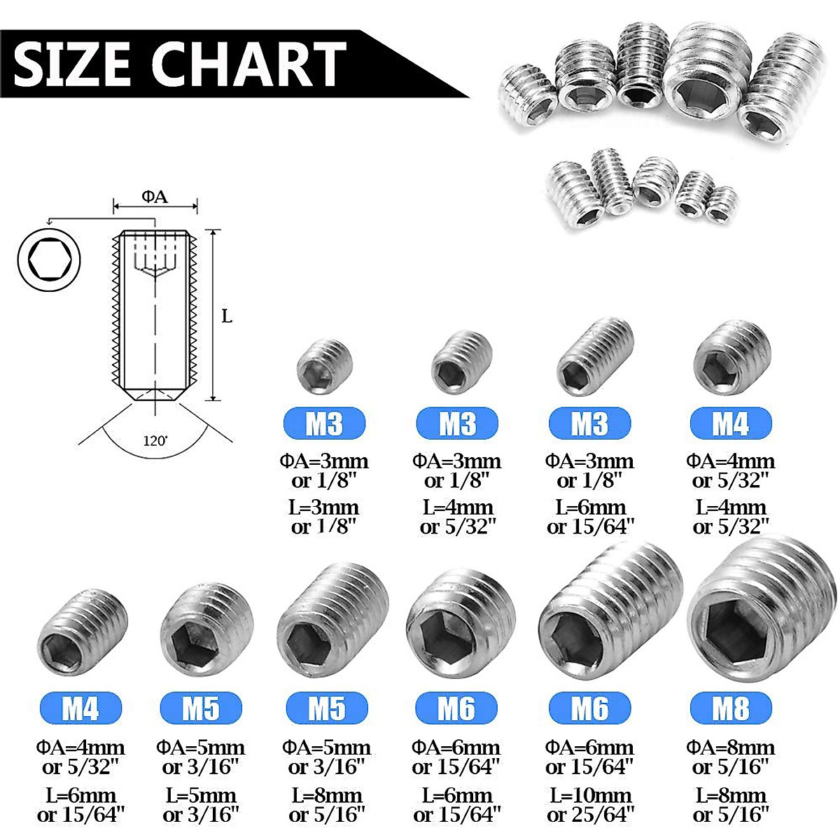 Yakamoz 200Pcs M3 M4 M5 M6 M8 Hex Allen Head Socket Grub Screw Set Stainless Steel Cup Point Metric Screws Assortment Fasteners Kits